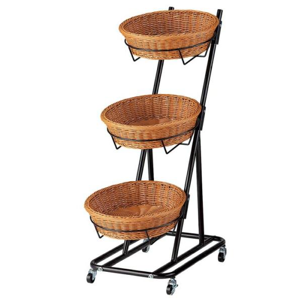 店頭やレジ前などのスペースでの商品陳列に便利な3段バスケット什器です。お店の雰囲気に合わせてあらゆる商品の陳列に対応できます。【サイズ】幅40×奥行58×高さ104cmベース：幅38×奥行58cmバスケット：直径40×高さ10cm【素材】フ...