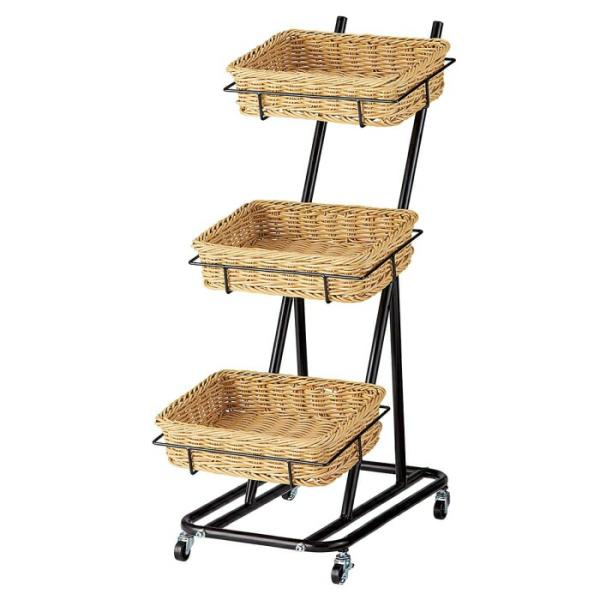 店頭やレジ前などのスペースでの商品陳列に便利な3段バスケット什器です。お店の雰囲気に合わせてあらゆる商品の陳列に対応できます。【サイズ】幅40×奥行58×高さ104cmベース：幅38×奥行58cmバスケット：幅40×奥行30×高さ10cm【...