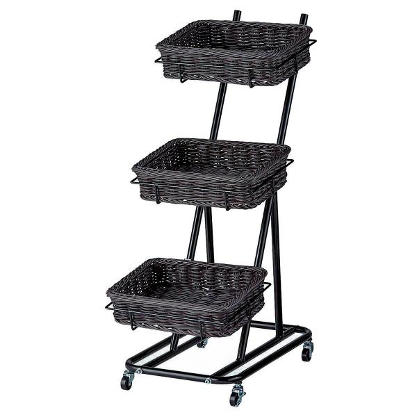 店頭やレジ前などのスペースでの商品陳列に便利な3段バスケット什器です。お店の雰囲気に合わせてあらゆる商品の陳列に対応できます。【サイズ】幅40×奥行58×高さ104cmベース：幅38×奥行58cmバスケット：幅40×奥行30×高さ10cm【...