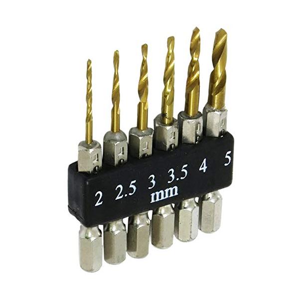【商品説明】　・2mm,2.5mm,3mm,3.5mm,4mm,5mmの6本セットです。・テーパー形状なので、木ネジの下穴あけなどに便利です。・ドリルの溝に切り屑が詰まると穴あけができません。・木ネジの下穴あけ、木材・竹・樹脂・石こうボード...