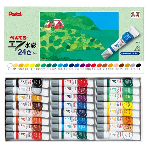 【商品説明】　・セット色数:24色・容器:ラミネートチューブ、紙箱・容量:5ml/本、えのぐ成分:水彩えのぐ・本体サイズ/重さ:169×81×14mm/155g・材質:(キャップ)再生PP、(チューブ)PE・アルミ、(中仕切)PS、(箱)再...