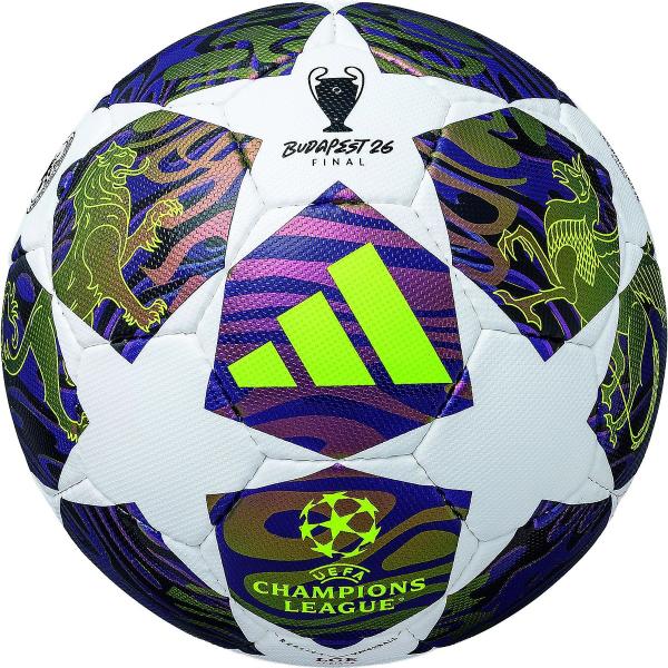 UEFA Champions League 2025-2026  ノックアウトフェーズ公式試合球 レプリカ5号球モデル決勝の開催地ブダペストを流れるドナウ川の水面をイメージし、ブダペストの紋章にあるグリフィンとライオンが描かれ、星の先端と先...