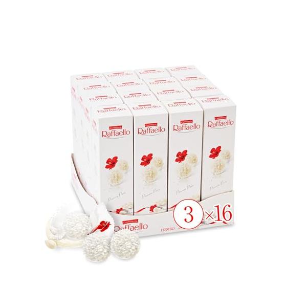 ラファエロ（Raffaello） はアーモンドが丸ごと入った、サクッとした食感のココナッツプラリーン（菓子）。30g3粒入りパック16個。一つのパックに3粒のラファエロプラリーンが入っています。16個セット。美味しさを体感するためのスモール...