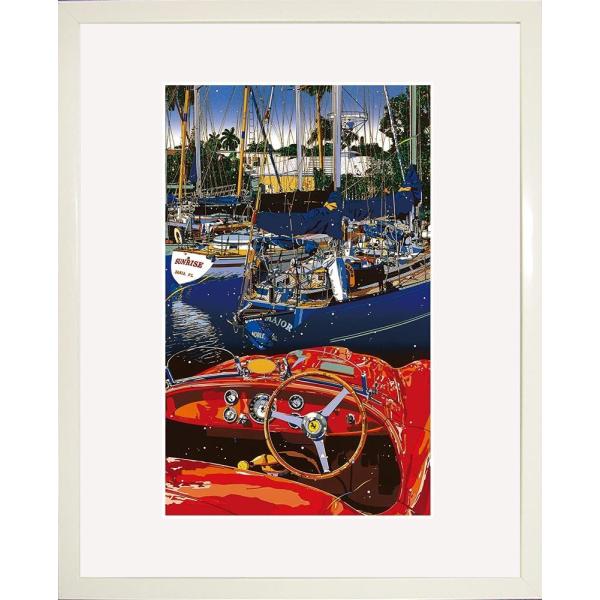 新品 鈴木英人 アメ車 アメリカ車 ヨットハーバー ヨット 現代アート額装付き 壁掛け 額入り 絵画 インテリア 絵 額装サイズ53x43cm オフセット