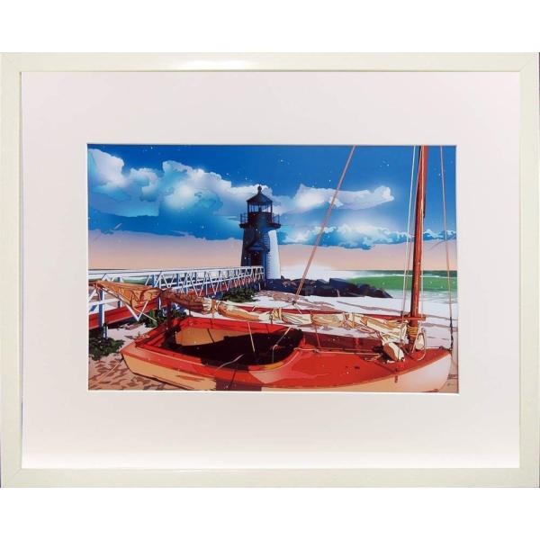 新品 鈴木英人 ヨットハーバー ヨット 灯台 現代アート 額装付き 壁掛け 額入り絵画 インテリア 絵 額装サイズ約53x43cm アートポスター オフセット