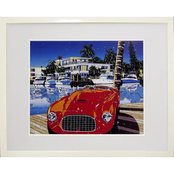 新品 鈴木英人 パッシング・スルー・マイアミ 現代アート 額装付き 壁掛け絵画 インテリア 絵 53x43cm オフセット ヨットハーバー ヨット