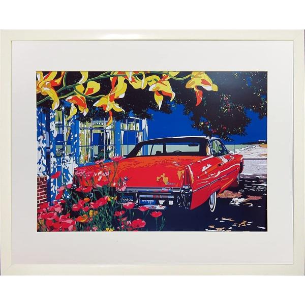 新品 鈴木英人 バハマ島での午後の休息 現代アート 額装付き 壁掛け 絵画インテリア 絵 額装サイズ約53x43cm オフセット アメリカ車 アメ車