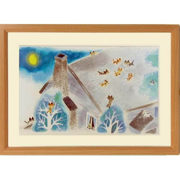 渡辺あきお 猫 ネコ ねこ 猫の絵 仔猫 子猫 現代アート額装付き 壁掛け 絵画 インテリア 絵 オフセット プレゼント 癒し額装サイズ約45x33cm