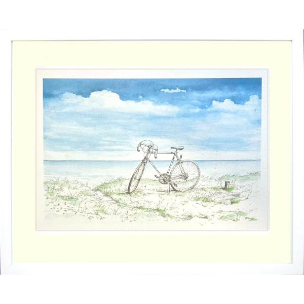 お洒落 額入り 内田新哉 海と自転車 風景画 北欧 西海岸 インテリアアートプリント 届いてすぐに飾れます 額装付き プレゼント アート 絵額装サイズ約53x43cm旅情を誘う爽やかな風景画で、幅広い世代から愛され続ける人気画家内田新哉氏に...