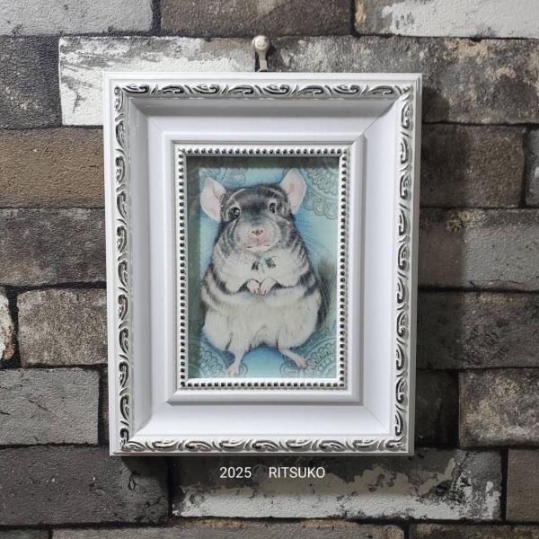 原画 1点もの ボールペン画 日本人作家 色鉛筆画 絵画絵 アート 額入り 額装付き 現代アート インテリア チンチラ額装サイズ19x23cm