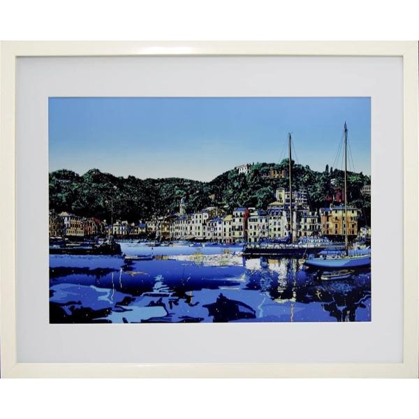 新品 鈴木英人 昼下がりのポルトフィーノ 現代アート 額装付き 壁掛け 絵画インテリア 絵 53x43cm アートポスター オフセット ハーバー