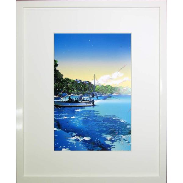 新品 鈴木英人 バージンアイランド 現代アート 額装付き 壁掛け 絵画インテリア 絵 53x43cm オフセット ヨットハーバー ヨット