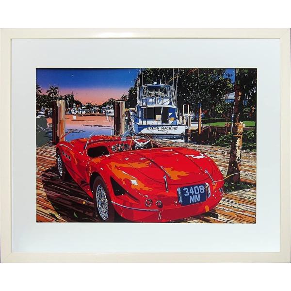 新品 鈴木英人 現代アート 額装付き 壁掛け 絵画 インテリア 絵 53x43cmアートポスター オフセット アメ車 アメリカ車 マイアミ