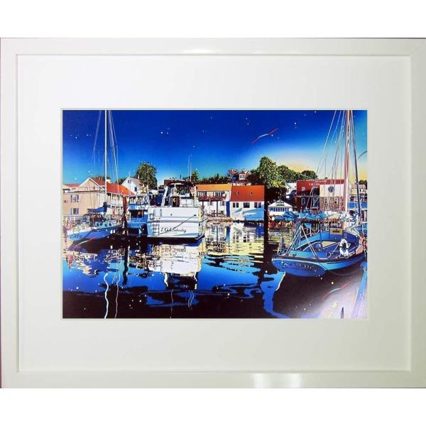 新品 鈴木英人 現代アート 額装付き 壁掛け 絵画 インテリア 絵 53x43cmアートポスター オフセット ヨットハーバー ヨット 海辺 海岸