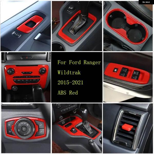 フォード レンジャー ワイルド トラック 2015-2021 ABS レッド カーガラスリフト フレーム ステアリングホイール フレーム ウォーターカップカバー ステッカー カーアクセサリー カスタム パーツ アクセサリーSticker P...