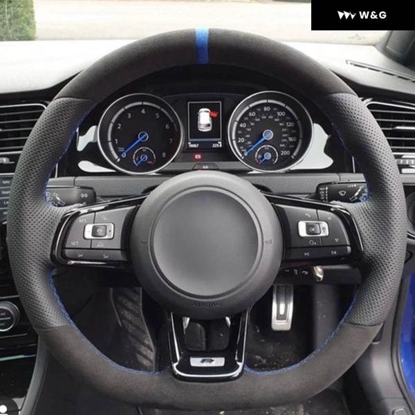 滑り止めブラックスエードカー ステアリングホイール カバー フォルクスワーゲン ゴルフ 7 GTI ゴルフ R MK7 ポロ シロッコ 2015 2016 カーアクセサリー カスタムパーツ アクセサリー 交換用部品Hign-concerne...