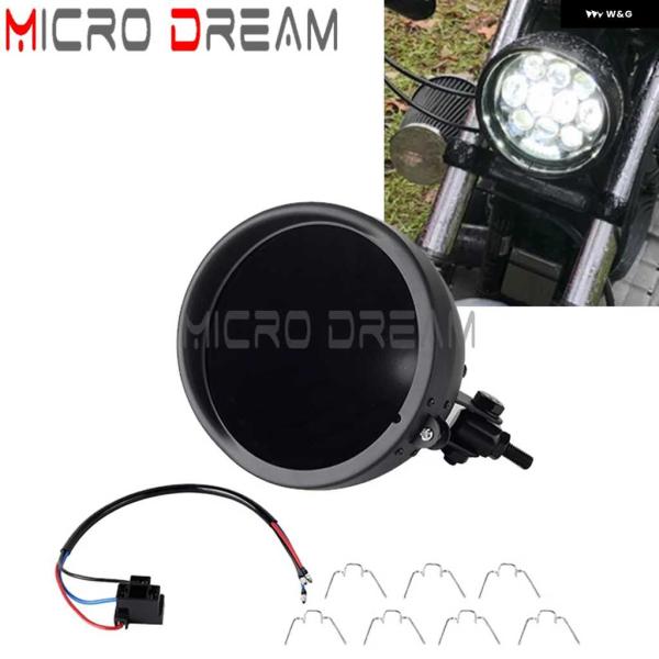 汎用 オートバイ バイク 5.75インチ ラウンドワイヤー ハーネス ヘッドランプ ライトシェル マウント ブラケット ヘッドライト ハウジング バケット バイザー ベゼル 付き カスタム パーツ アクセサリーHign-concerned ...