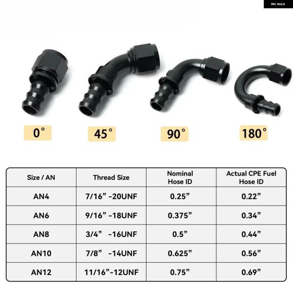 AN4 AN6 AN8 AN10 AN12 プッシュ オン ホースエンド ティング 燃料油クーラーホースティング 0 45 90 180度再利用可能接続 アダプター カスタム パーツ アクセサリーItem Weight:0.1Item He...