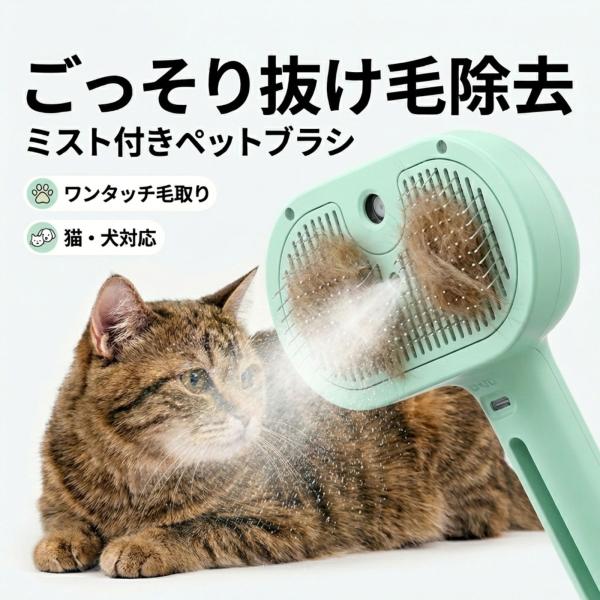 ミストの力で「舞う毛」をゼロへ。ブラッシングの悩みをこれ1本で解決するミスト付きペットブラシです。【商品の特徴】・ミスト機能：細かいミストを放出しながらブラッシングすることで、お部屋に毛が飛散するのを徹底ガード。静電気も抑えます。・ワンタッ...
