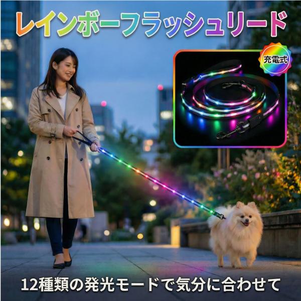 【夜散歩の不安を解消！圧倒的視認性のLEDリード】 暗い夜道や雨の日でも、50m先から愛犬の存在をハッキリ認識可能。LEDライトと反射材のダブルガードで、車や自転車からの視認性が大幅にアップします。■選べる12種類の発光モード：レインボー、...