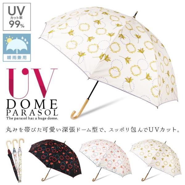 ■UVカット率99% 深張りドーム型晴雨兼用日傘。■サイズ親骨：55cm 開き直径：約88cm 全長：約74.5cm  重さ：約290g■タイプ：UVカット率99%■開閉の方法：ハンドオープン（手開き）式■カラー： ブラック／ホワイト×グリ...