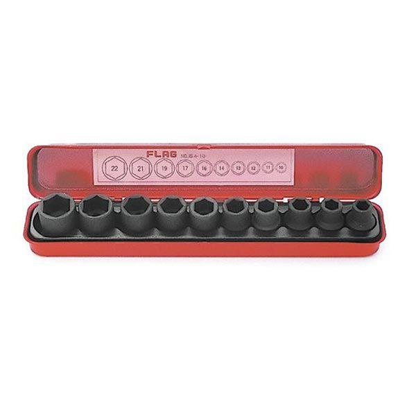 素材には優れた強度・耐衝撃性を持つクロームバナジウム鋼を使用したインパクトソケットセットです。高いトルクでのボルト、ナット締緩におすすめです。[差込角] 1/2"(12.7mm)[サイズ] 10、11、12、13、14、16、17、19、2...