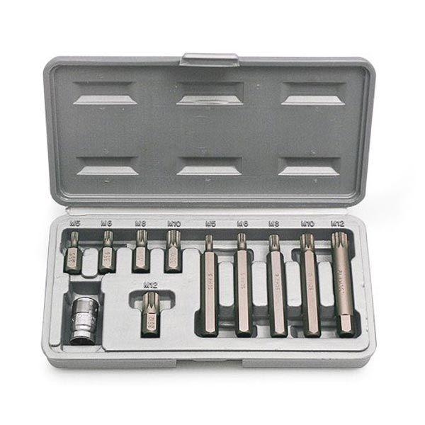 スプラインビットセット 11ピースは欧州車等によく使われるトリプルスクエアー(三重四角)のスプラインビットソケットのセットです。[スプラインビット(三重四角)] M5、M6、M8、M10、M12[ビットアダプター] 3/8"(9.5mm)[...