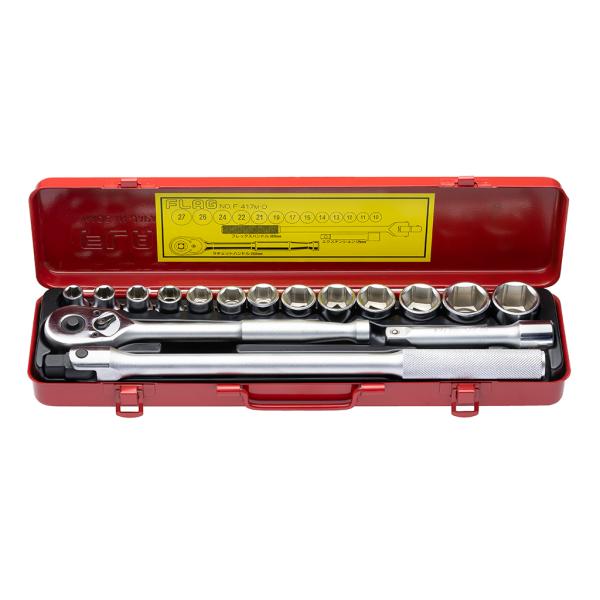 鍛造・熱処理した、強靭で耐久性に優れたクロームバナジウム鋼を使ったソケット、ラチェットレンチをケースにまとめたソケットレンチセットです。[差込角] 1/2”(12.7mm)[セット内容]・ソケット 10、11、12、13、14、15、17、...