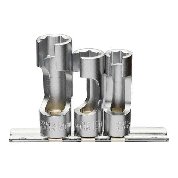 配管のフレアナットや各種センサー等の脱着に適したディープタイプのフレアナットソケットです。[セット内容] 10、12、14(mm)[差込角] 3/8"(9.5mm)[全長]・10mm：53mm・12mm：53mm・14mm：62mm[材質]...