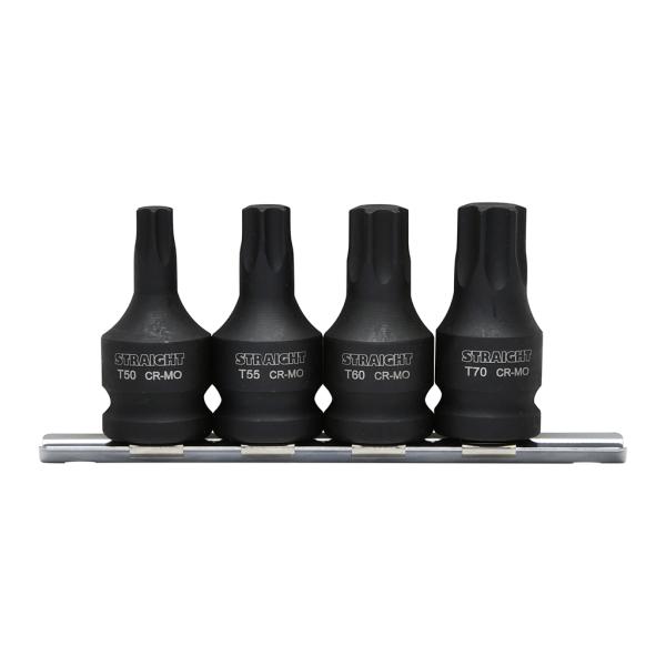 インパクトレンチ対応のヘクサロビュラビットソケットのセット商品です。[差込角] 1/2"(12.7mm)[サイズ] T50、T55、T60、T70[全長] 各50mm[材質] クロームモリブデン鋼