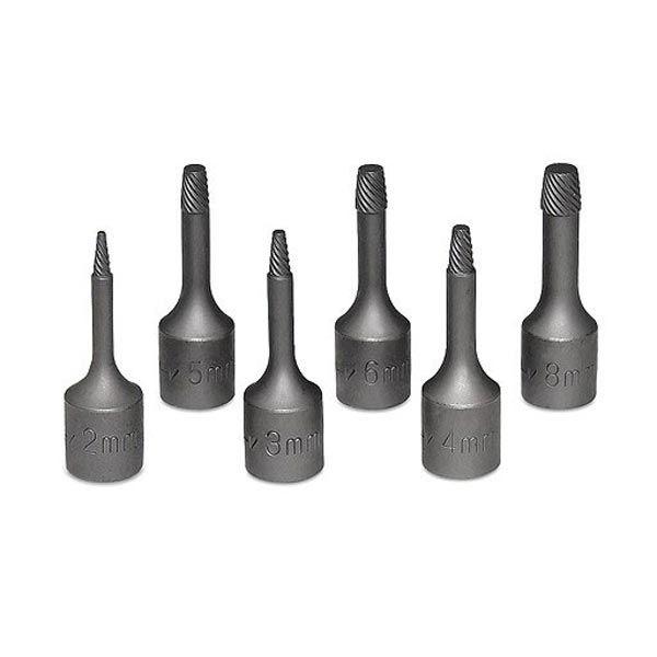 先端が逆タップになったトルネードビットソケットセットです。損傷した6角穴付きボルト(キャップボルト)の取り外しに使用できます。[セット内容] 2、3、4、5、6、8(mm)[ソケット全長] 各60mm[材質] ニッケルクロームモリブデンバナジウム