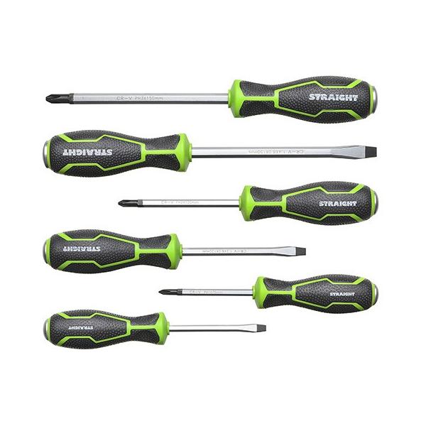 貫通式ドライバーセット 6ピースは、叩いて使える貫通式のドライバーセットです。ブレード先端は磁化されていて磁力でビスを吸着します。レンチを掛けて回せる六角軸タイプ。[セット内容]先端×ブレード長さ×全長・+No.1×75×180mm・+No...