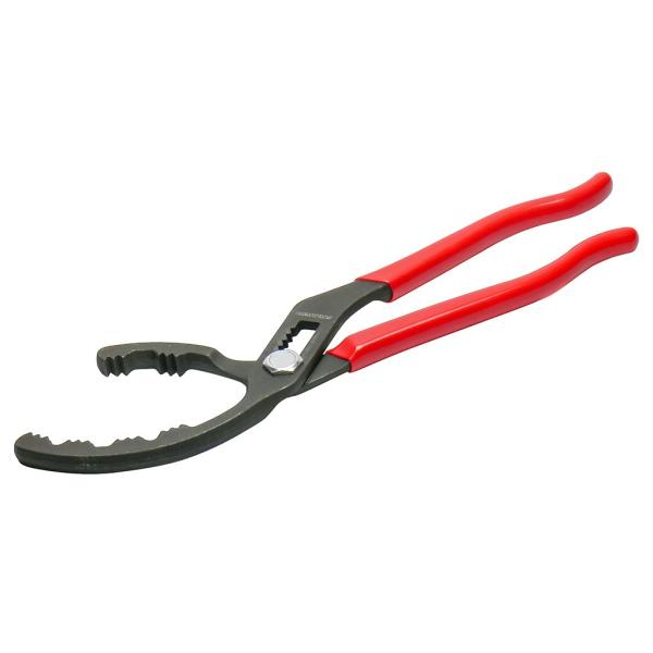 オイルフィルタープライヤーはプライヤータイプですばやい作業ができ、ジョーの内側の突起でフィルターが滑りにくい構造のオイルフィルタープライヤーです。[適応オイルフィルターサイズ] φ57mm〜φ127mm[全長] 340mm[重量] 550g