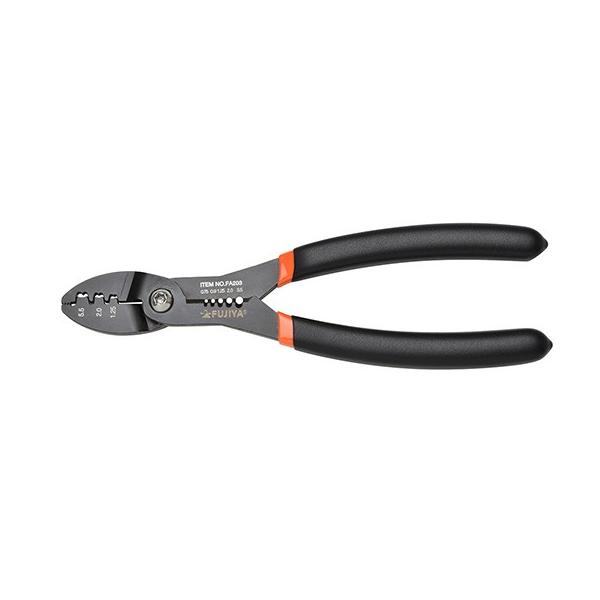 フジ矢 電工ペンチミニ(ファストン端子用) FA203は、一般的な電工ペンチに比べて、コンパクト＆軽量で作業性にとても優れており、これ1本で剥く・切る・圧着作業ができます。[全長] 180mm[重量] 164g[適応範囲]・ワイヤーストリッ...