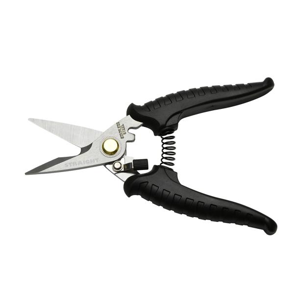 刃の片面にセレーション加工(ギザギザ)が施されており、切断物が滑り難く快適に切れるハサミです。刃の半月に窪んだ部分は丸い物を切る時に便利です。刃元の半月の窪みは丸い物を切る時に便利です。[本体全長] 190mm[切断能力]　・アルミ板：厚さ...