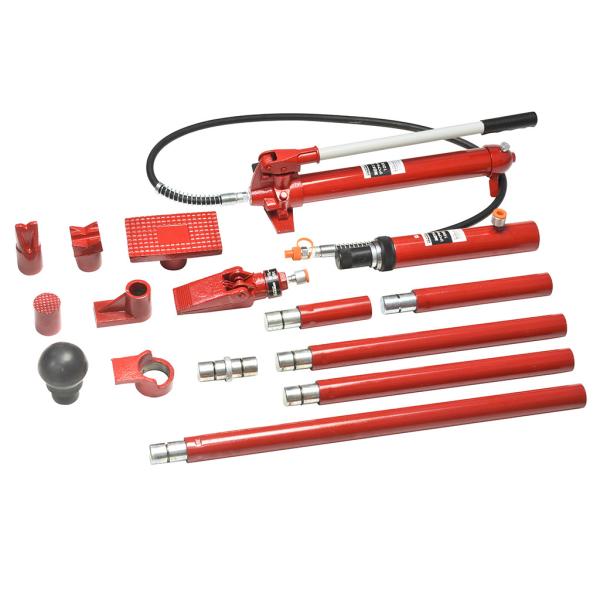 リペアキット10tは、ボディーやフレームの修正作業に使用される油圧機器をセットにした商品です。使用する場所に応じて付属のエクステンションや、アタッチメントをラムにセットして使用します。[最大能力] 10t[ラム・ストローク幅] 375〜53...