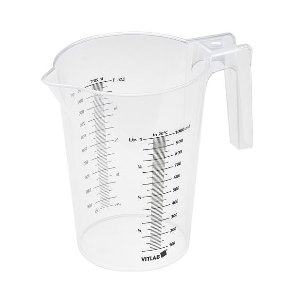読み取りやすい黒字で印刷された目盛が付いたメジャーカップです。10ml刻みの目盛付なので細やかな計量にも最適です。[容量] 1,000ml[目盛] 最小目盛100mlから10ml刻み[材質] ポリプロピレン[製造国] ドイツ