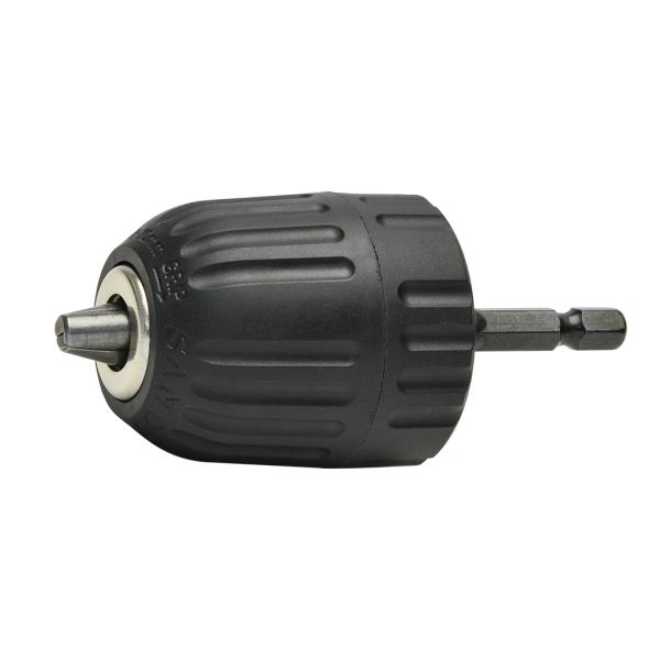 電動ドライバーで10mmまでのドリル・ビットを装着できるキーレスチャックです。[全長] 84mm[差込サイズ] 1/4”(6.3mm)[対応ドリルサイズ] 0.8〜10(mm)