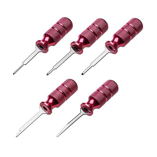 ターミナルリリースツールセットは、配線のカプラーからターミナル(端子)を引き抜く際に使用します。ターミナルの形状に応じて適した先端形状をお選びください。[セット内容(先端幅×厚さ)] ・1.0×1.0(mm)・1.5×1.0(mm)・1.8...