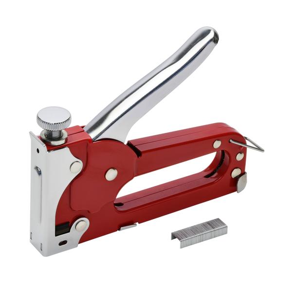 ハンドルを握りこむとコの字型のステープルを打ち付けることができます。バイクのシートや自動車の内装の張り付け、木工など幅広く活用できます。[セット内容] ステープルガン×1 , ステープル(6mm)×50[適用ステープル(専用)] ・19-1...