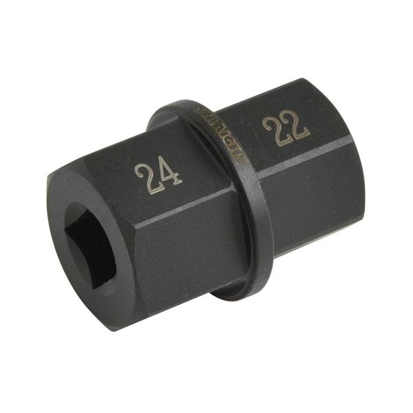 スピンドルツール 22×24(mm)は、カワサキ車のフロントアクスルに使用するヘックスビットソケットです。1つで22mm、24mmの2サイズに対応します。[サイズ] 22×24(mm)[差込角] 3/8"(9.5mm) [全長] 39mm