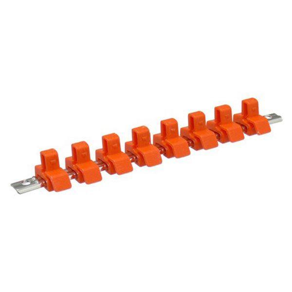 ソケットを整理、収納する際に便利なソケットホルダーです。ロックタイプのクリップでソケットをしっかりとホールドします。つまみを押さえながらソケットを脱着します。[差込角] 3/8"(9.5mm)[収納数] 8[全長] 220mm