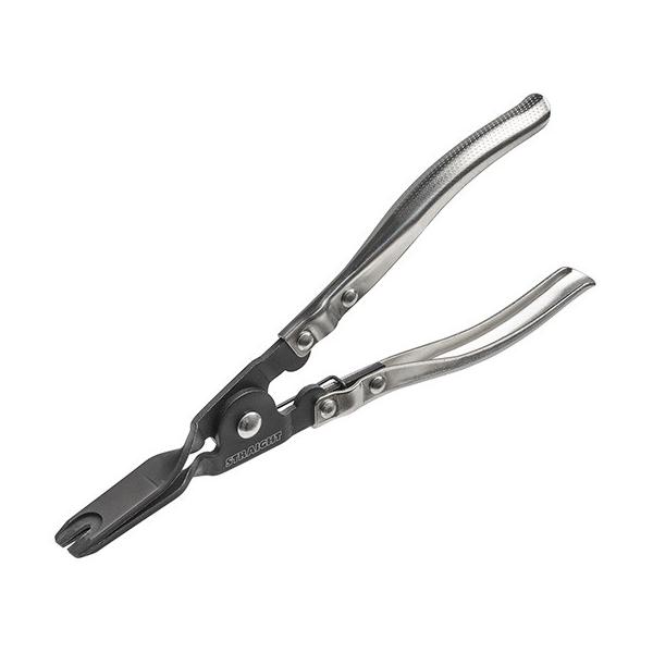 ドラムブレーキのサイドブレーキワイヤー先端のスプリングを脱着する際に使用するパーキングブレーキスプリングプライヤーです。スリムな先端形状で軽自動車にも対応します。[全長] 230mm