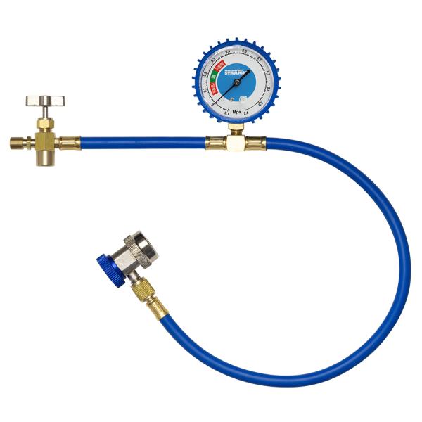 カーエアコンのガスを簡単に補充することができる、簡易式のガスチャージホースです。ゲージ付きでガス量の目安や補充中の状況も確認することができます。[適応ガス] HFC-134a[全長] 750mm[重量] 460g[サービス缶取付部ネジサイズ...