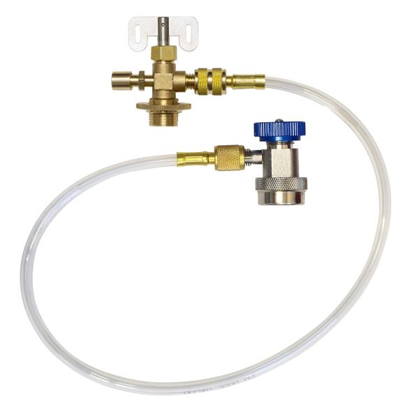 透明ホース、エアーパージバルブ付きでエアコンリーク剤の補充填が簡単に行えます。奥まった狭い箇所でも作業しやすいクイックカプラー付き。[適応ガス] HFC-134a[適応商品]・28-1342 デンゲン(dengen) オイル入りエアコンガス...