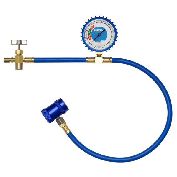 次世代冷媒「HFO-1234yf」専用設計。カーエアコンのガス(HFO-1234yf)を簡単に補充することができる、簡易式のガスチャージホースです。[適応ガス] HFO-1234yf[全長] 750mm[重量] 500g[サービス缶取付部ネ...