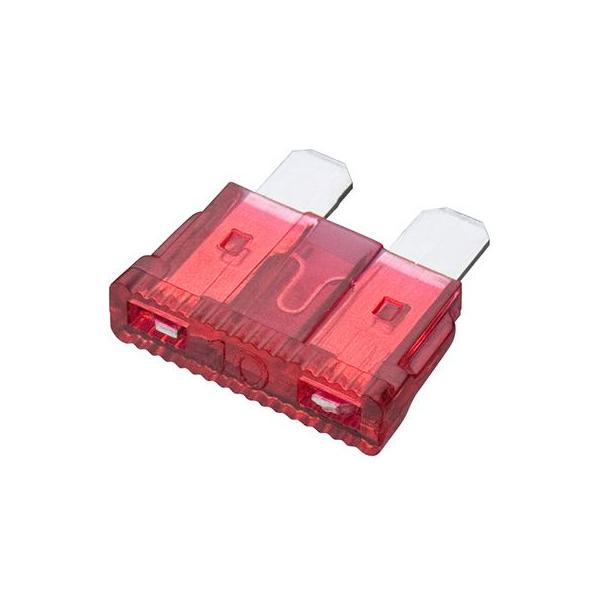 ブレード型のヒューズです。過大な電流が流れた際に金属が溶断することによって電流を遮断する過電流防護素子です。[容量] 10A[入り数] 10