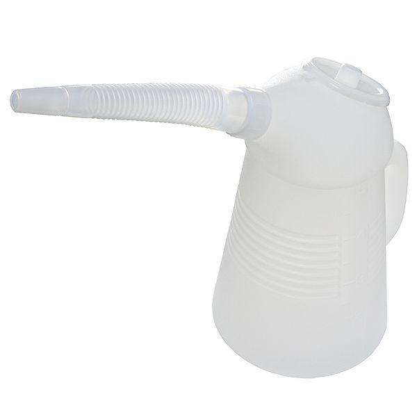 オイルジョッキ 5L フタ付きは、オイル交換をはじめ各種液体の注入や移し変えに使用します。ホコリやゴミの進入を防ぐフタ付きです。[容量] 5L[材質] ポリエチレン[目盛] 500ml