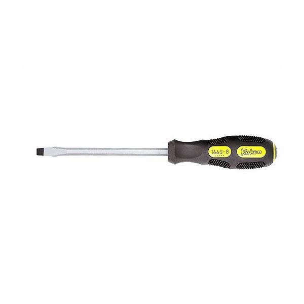 Ko-ken（コーケン）貫通マイナスドライバー -8mm 166S-8は、軸が柄を貫通している為ハンマーで叩いて使える貫通式のマイナスドライバーです。[ヘッド] マイナス[サイズ] 8mm[全長] 270mm[ブレード長さ] 150mm[タ...