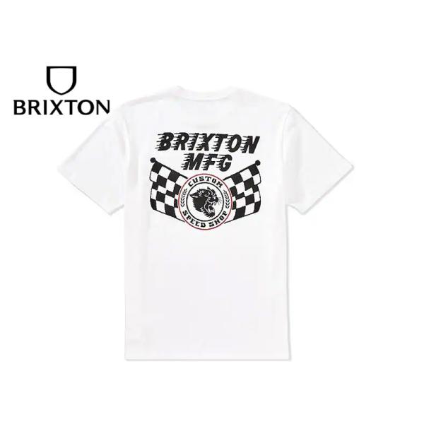 DOLAN STEARNSやKENNY ANDERSON等所属でお馴染みのブリクストン。大胆なバックプリントが、ストリートとヴィンテージを融合。チェッカーフラッグロゴTシャツ。Ｌサイズ　着丈約：72cm　身幅約：58cm